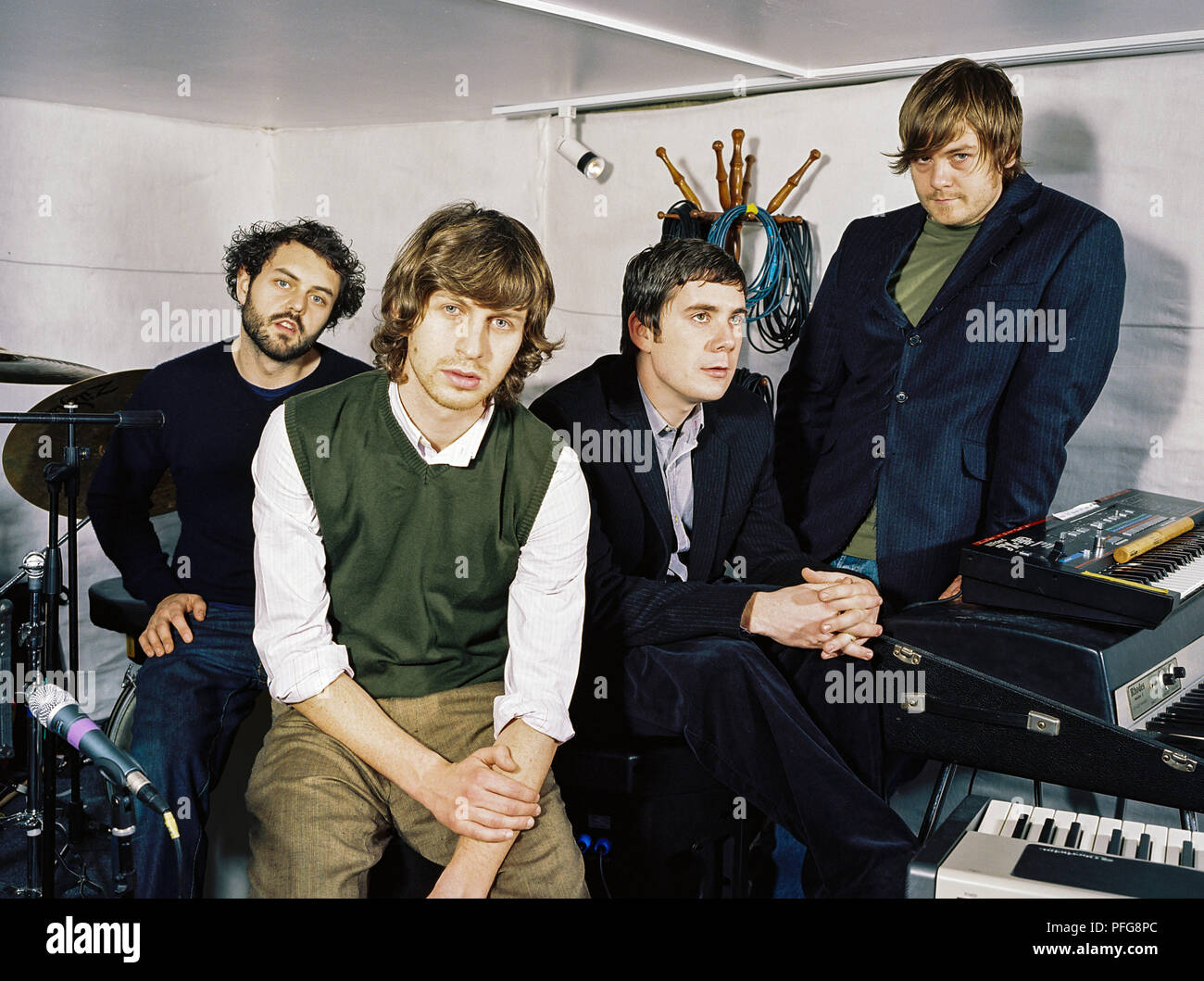 English band Athlete photographed in their studio in the basement of ...