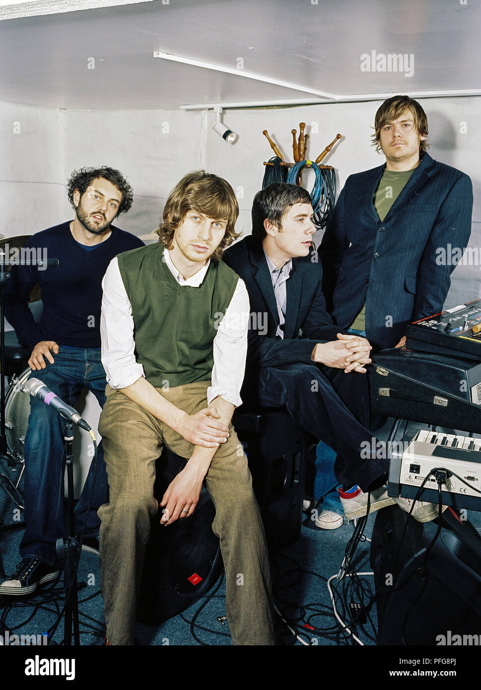 English band Athlete photographed in their studio in the basement of ...
