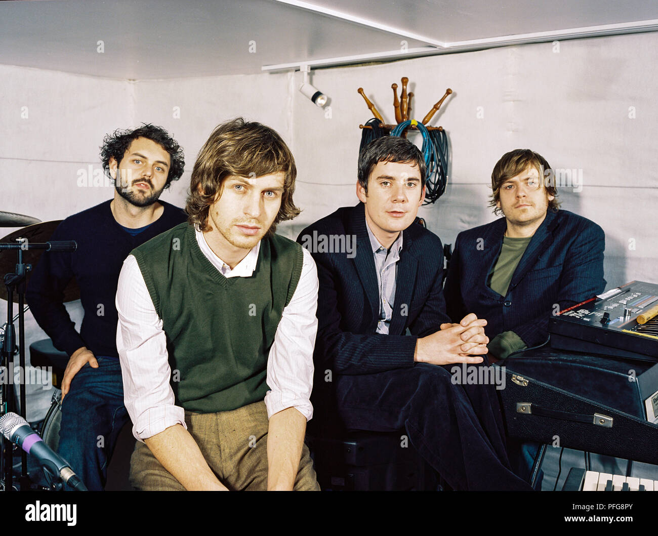 English band Athlete photographed in their studio in the basement of ...