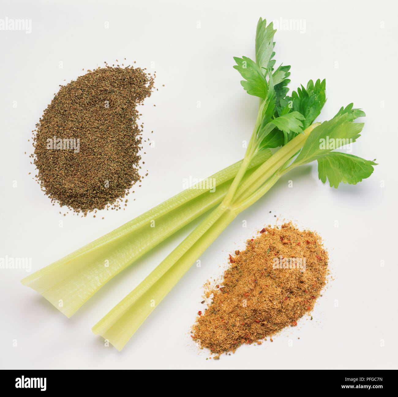 Celery stalks, whole and ground celery seeds, close up Stock Photo - Alamy