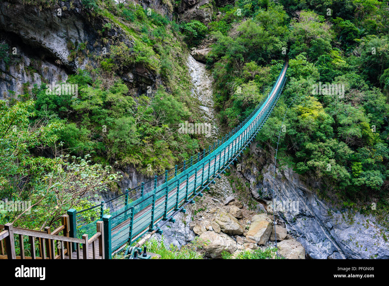 Long pedestrian rope suspension bridge which start the Zhuilu old ...