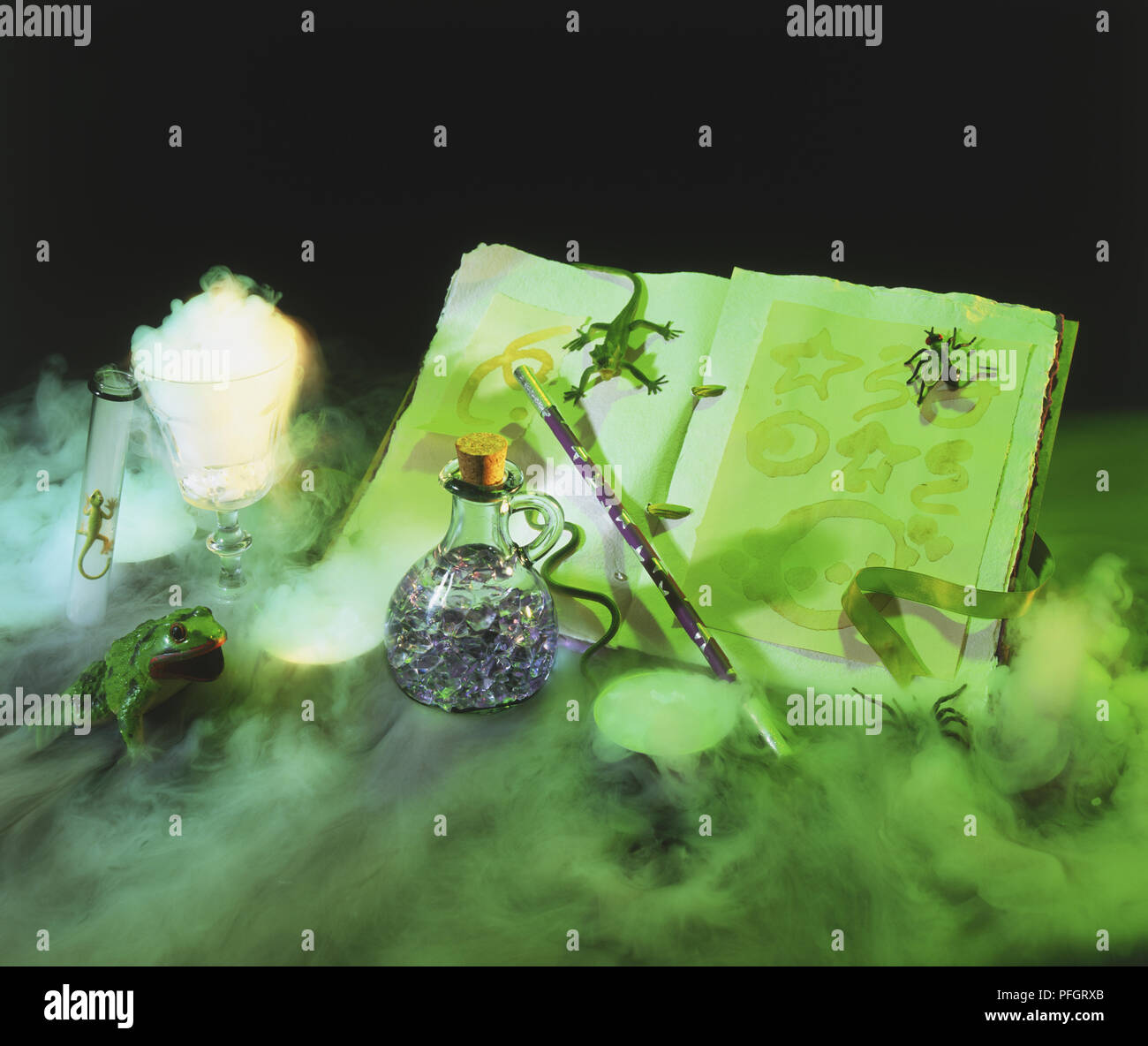 Dry ice engulfing potions, magic wand, bubbling concoction, charm book ...