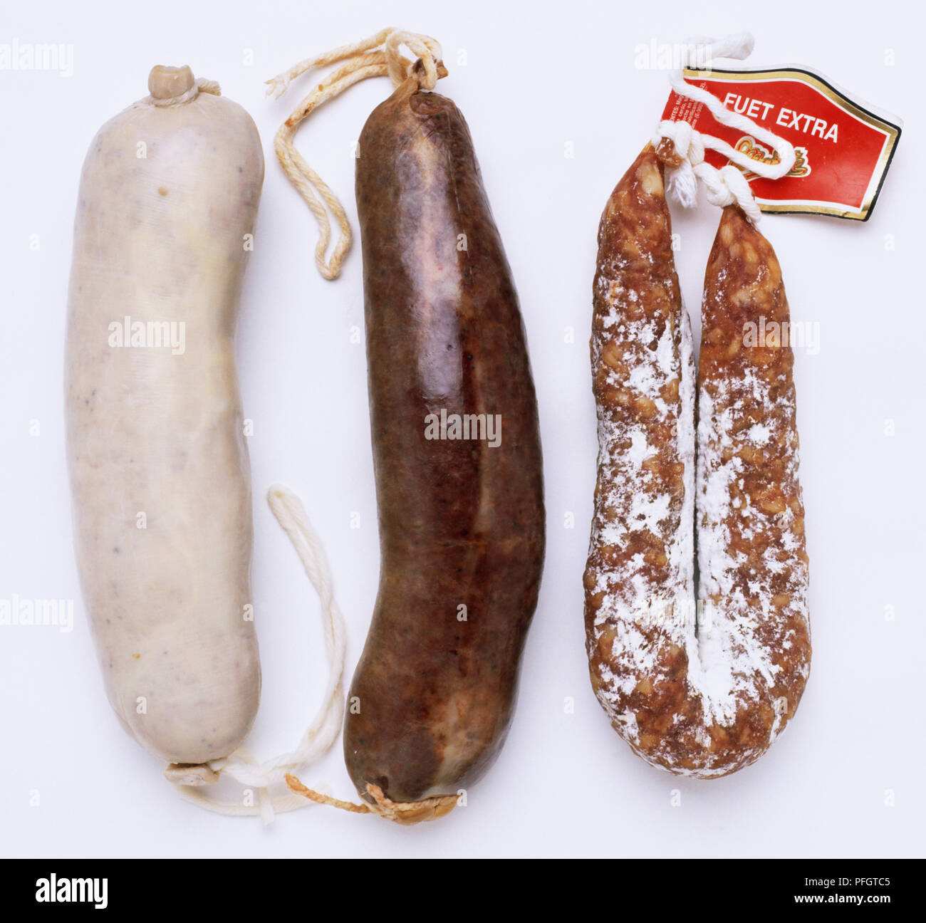 Spain, Catalonia, three types of Catalan sausage, from left, Butifarra ...