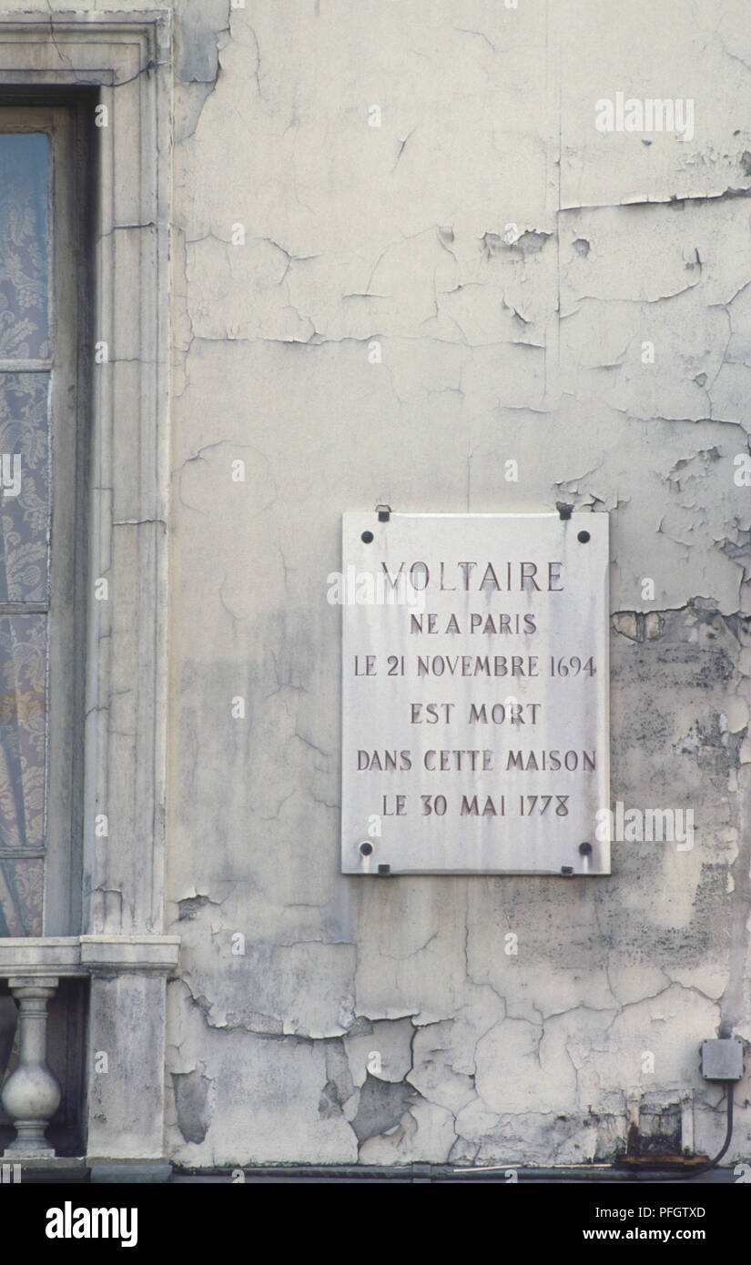 France, Paris, Quai Voltaire, white plaque marking the house where ...