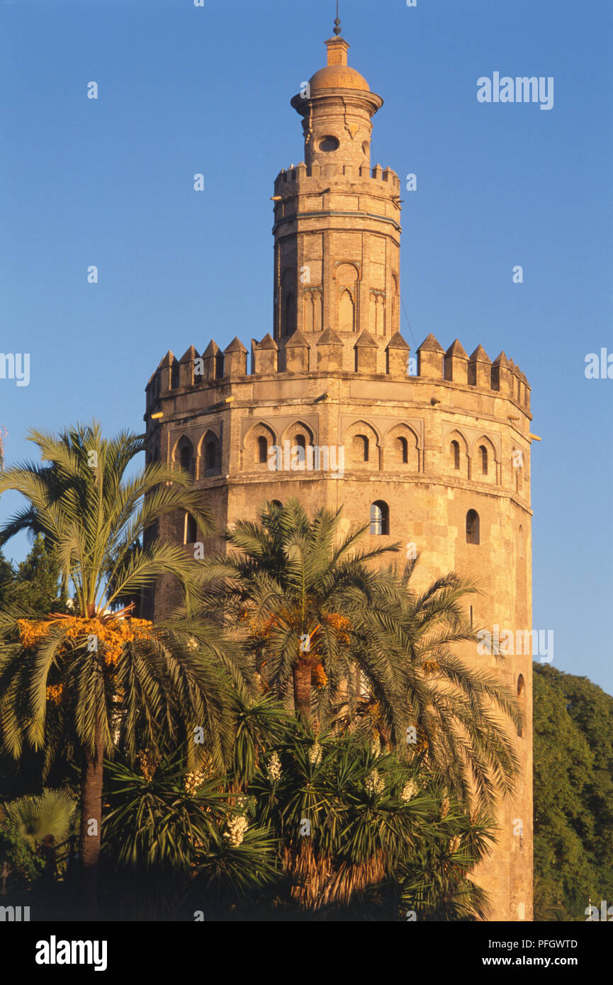 Spain, Seville, moorish style fortress tower with palm trees Stock ...