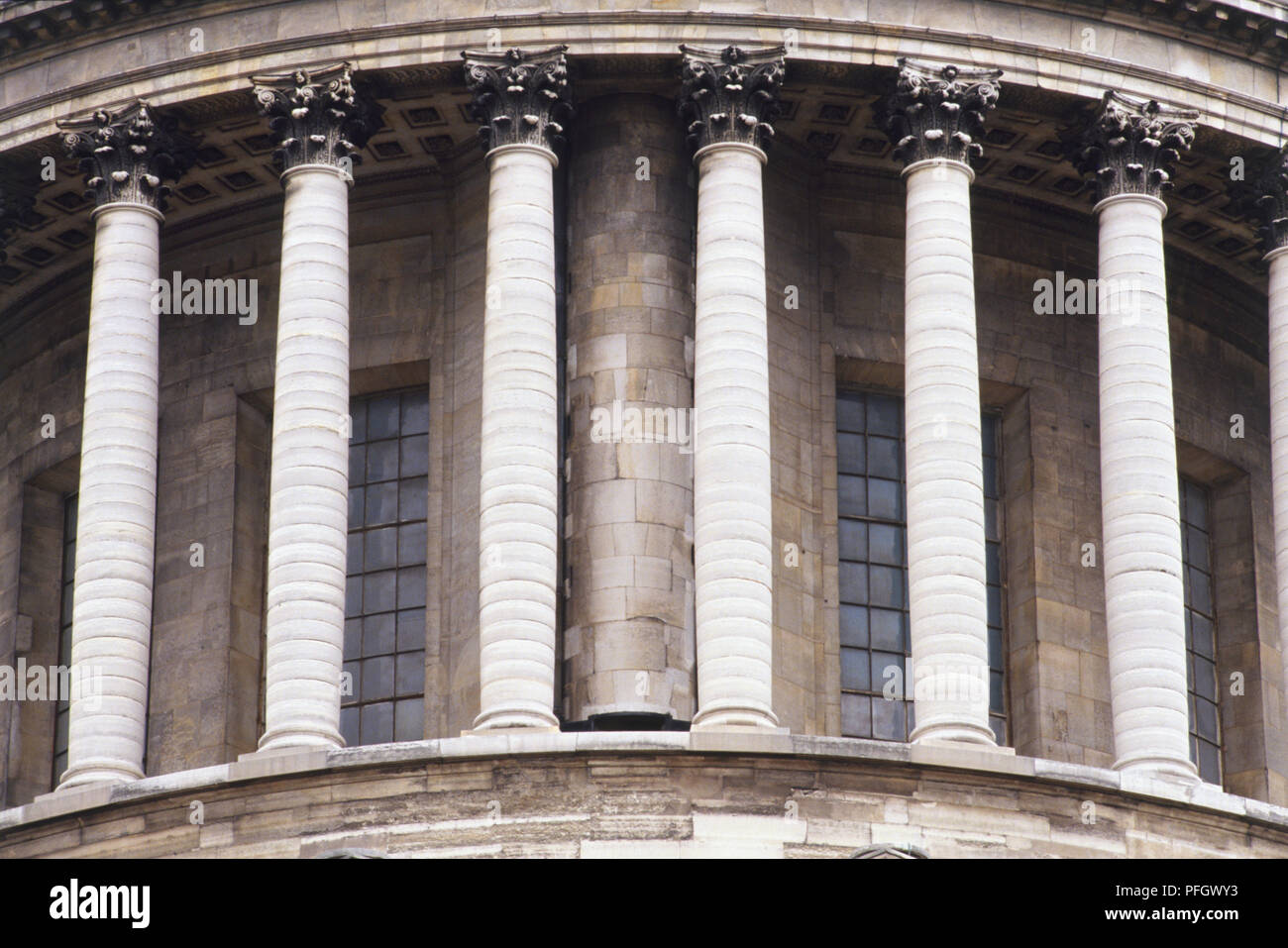 France, Paris, white stone columns around the dome above the Pantheon ...