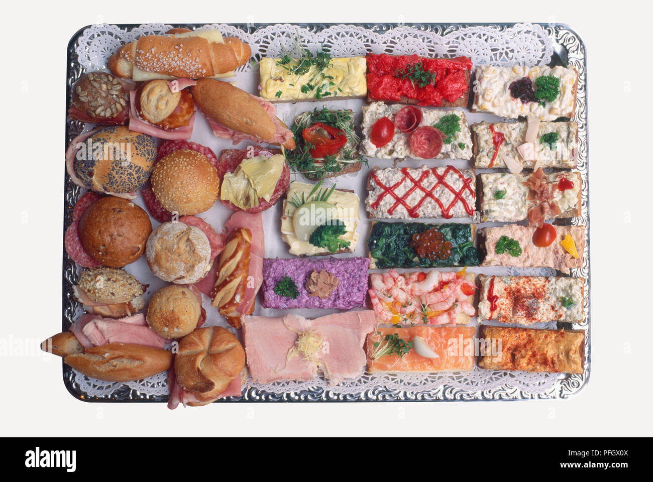 Tray of Austrian open sandwiches and stuffed bread rolls Stock Photo ...