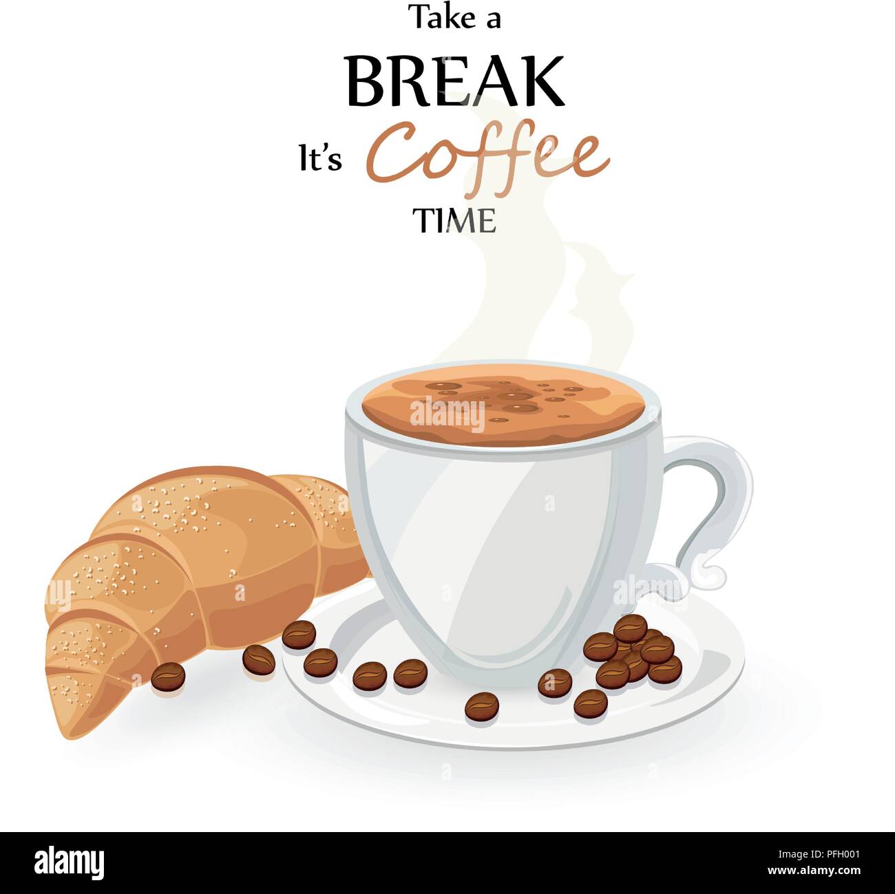 Coffee cup and croissant. Coffee break with sweet pastry isolated on ...