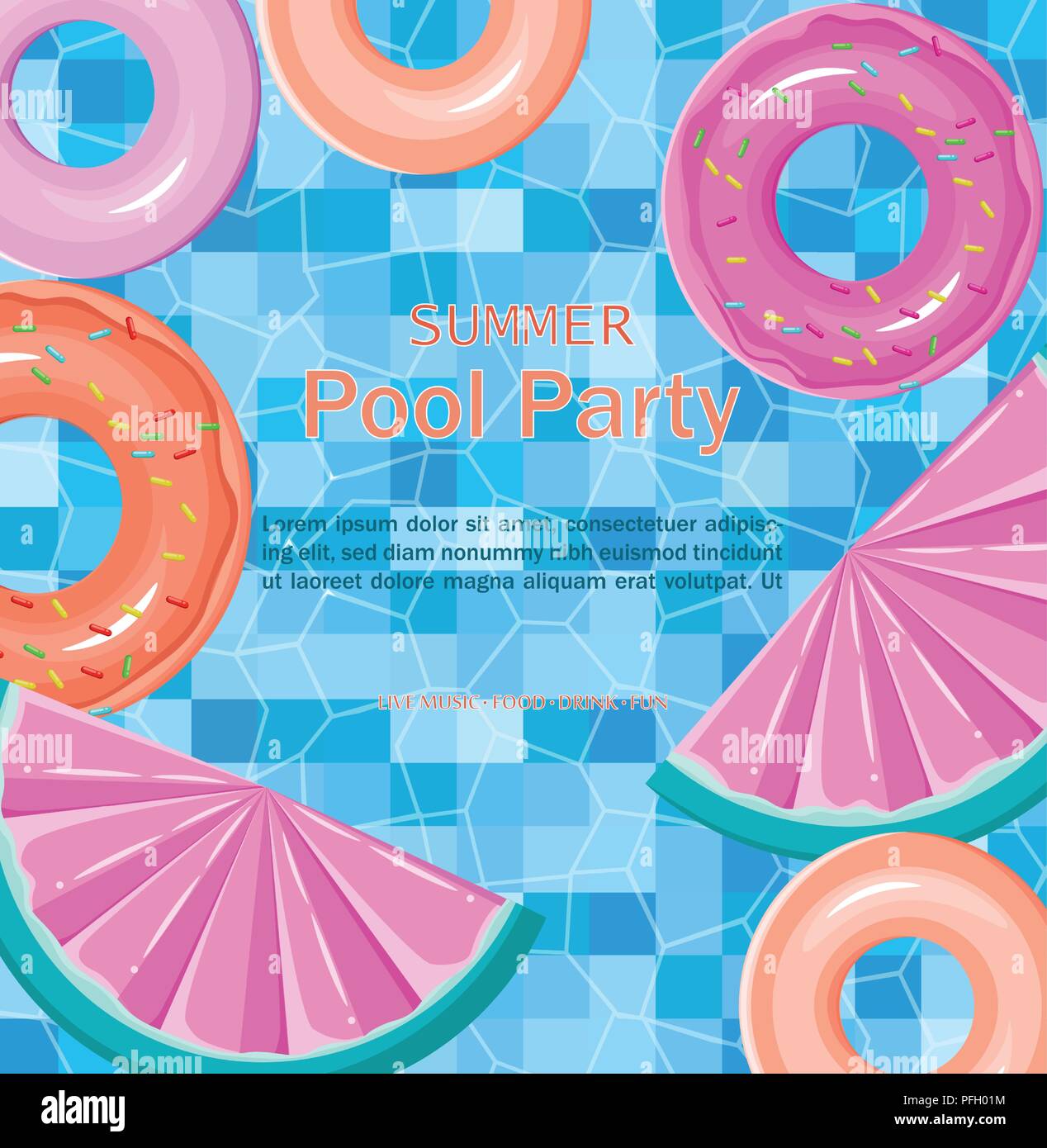 Pool floating toys Vector summer card background. Tropic season ...