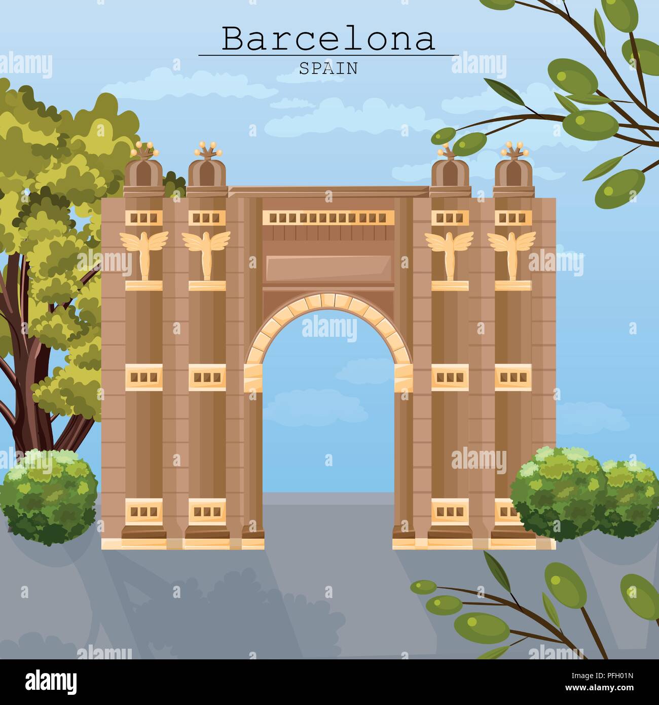 Barcelona city architecture card Vector. Famous attractions ladnmarks ...