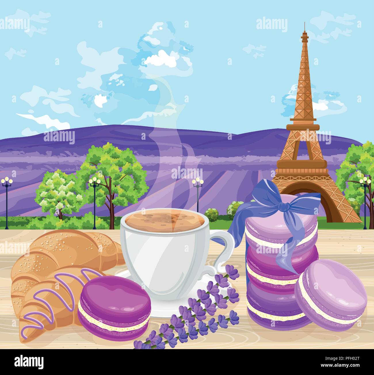 Cup of coffee with Croissants and macaroons french traditional desserts ...