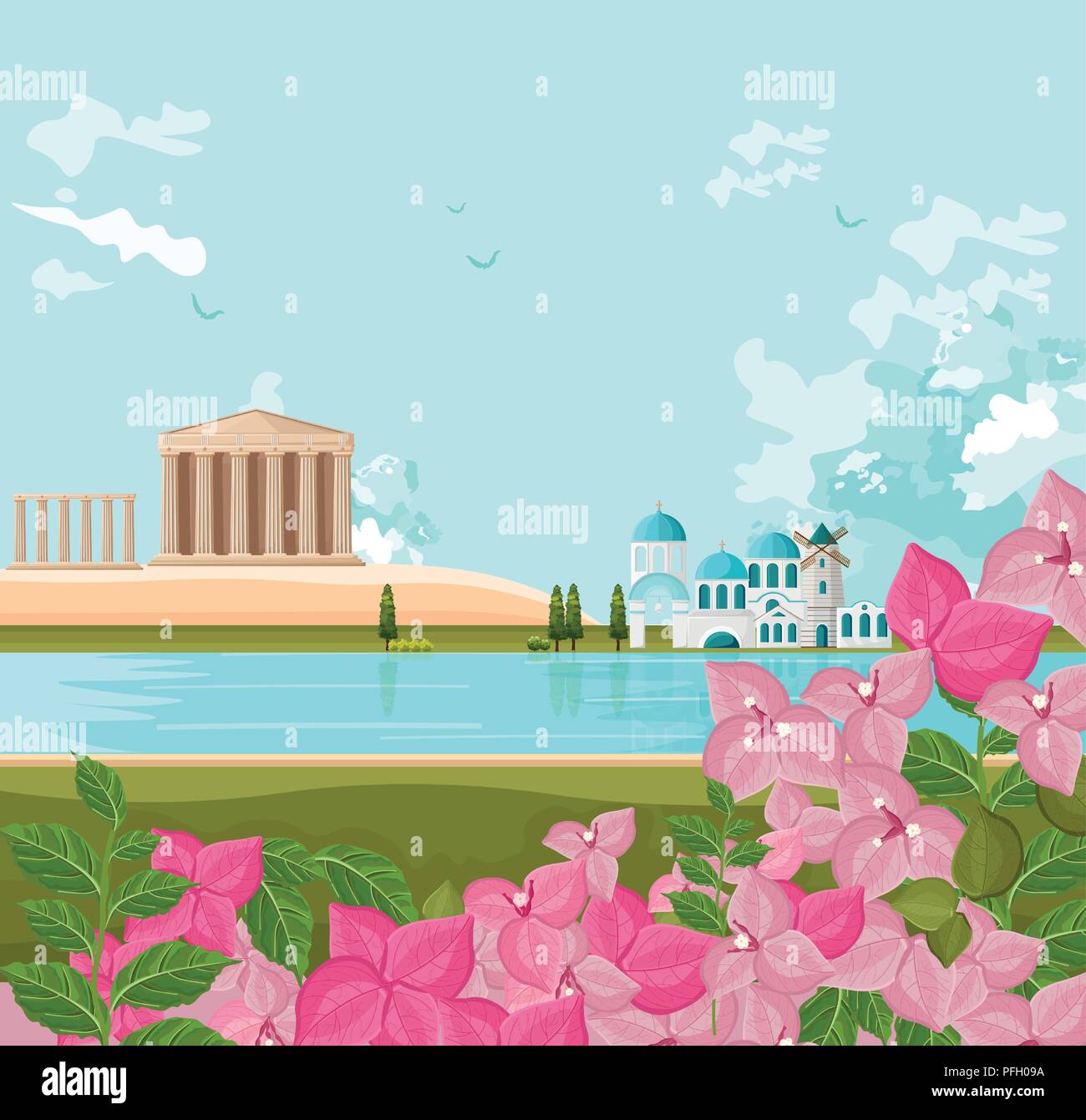 Greek architecture landscape Vector colorful background illustration ...
