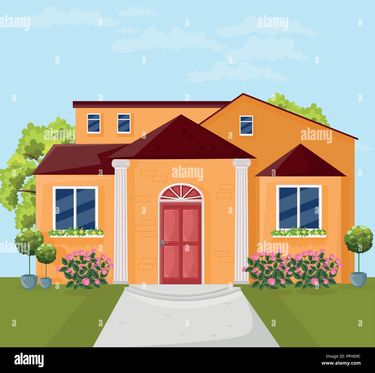 House architecture facade Vector. Colorful cartoon style illlustration ...