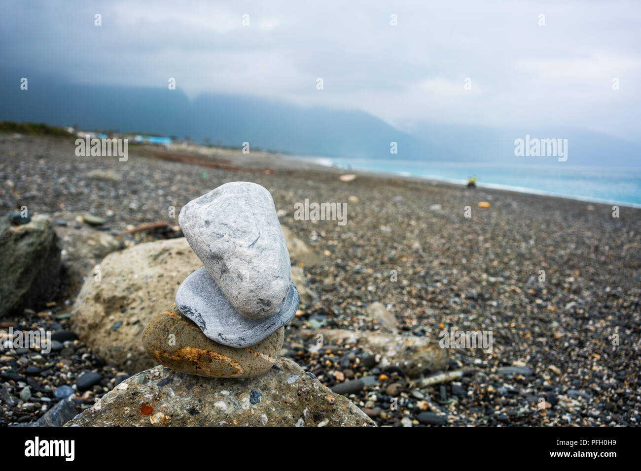 Stack of pebble stone on shingle beach in Chishingtan Scenic Area ...