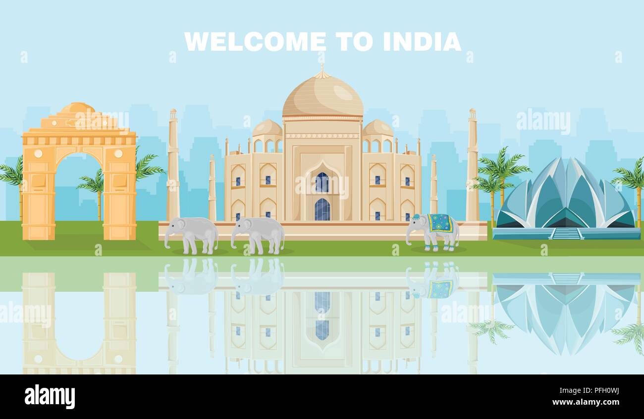 Welcome to India card with famous landmarks Vector illustration Stock ...