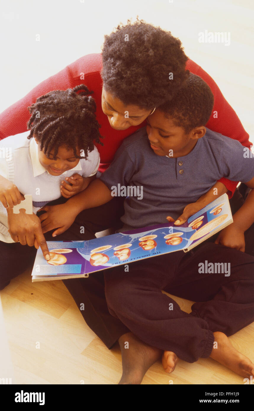 Woman reading a book with two children Stock Photo - Alamy