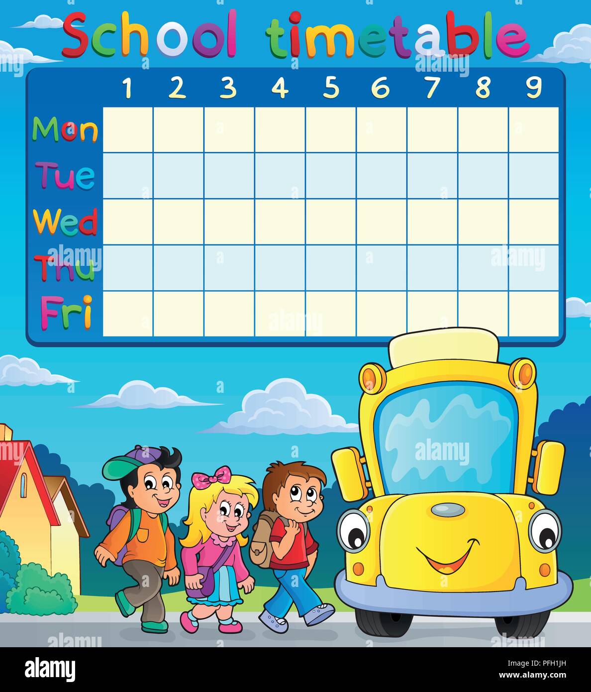 School timetable with pupils and bus - eps10 vector illustration Stock ...