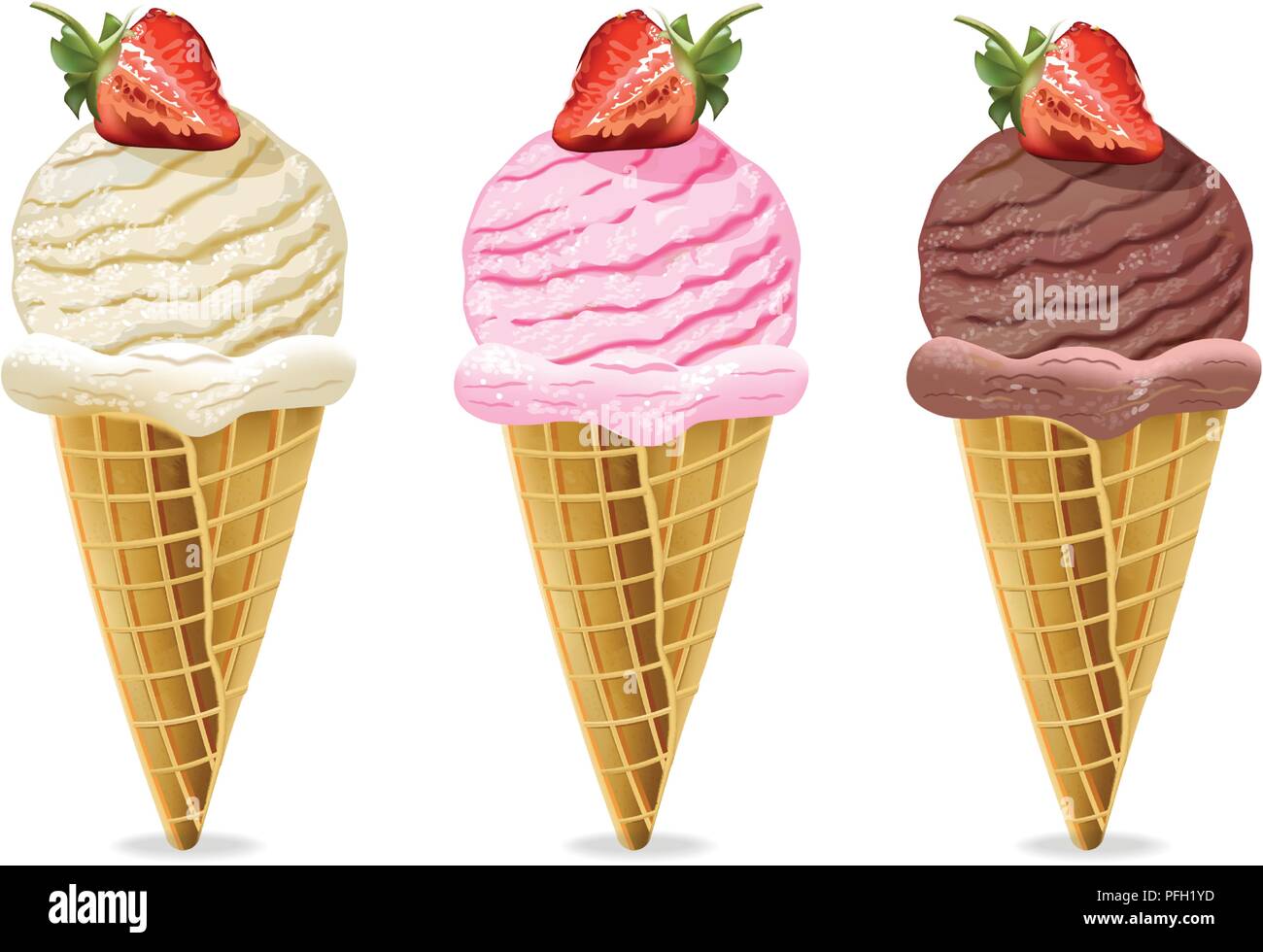 Ice cream cones Vector. Chocolate, vanilla and strawberry flavor Stock ...