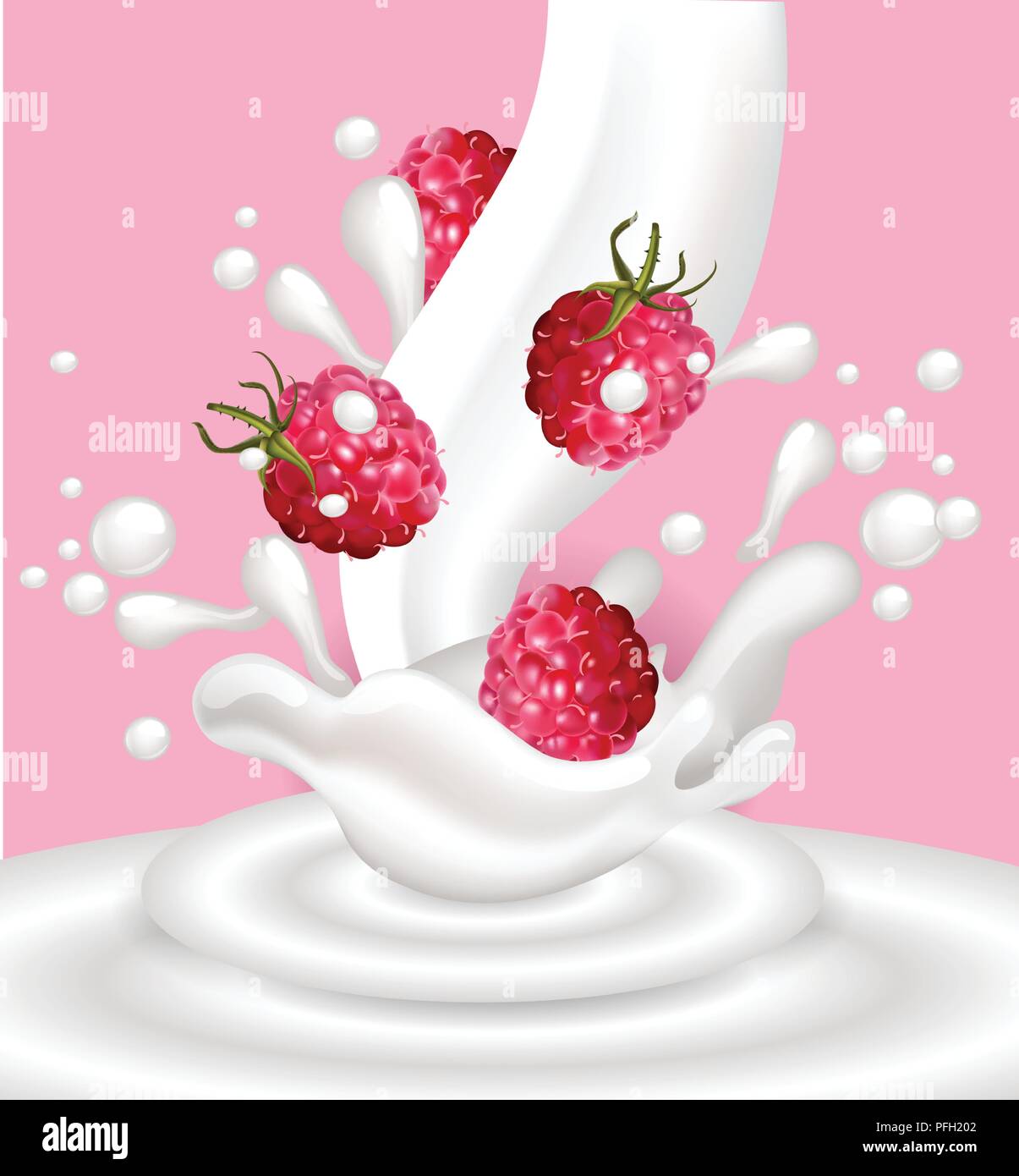 Yogurt splash with raspberry fruits Vector realistic illustration Stock ...