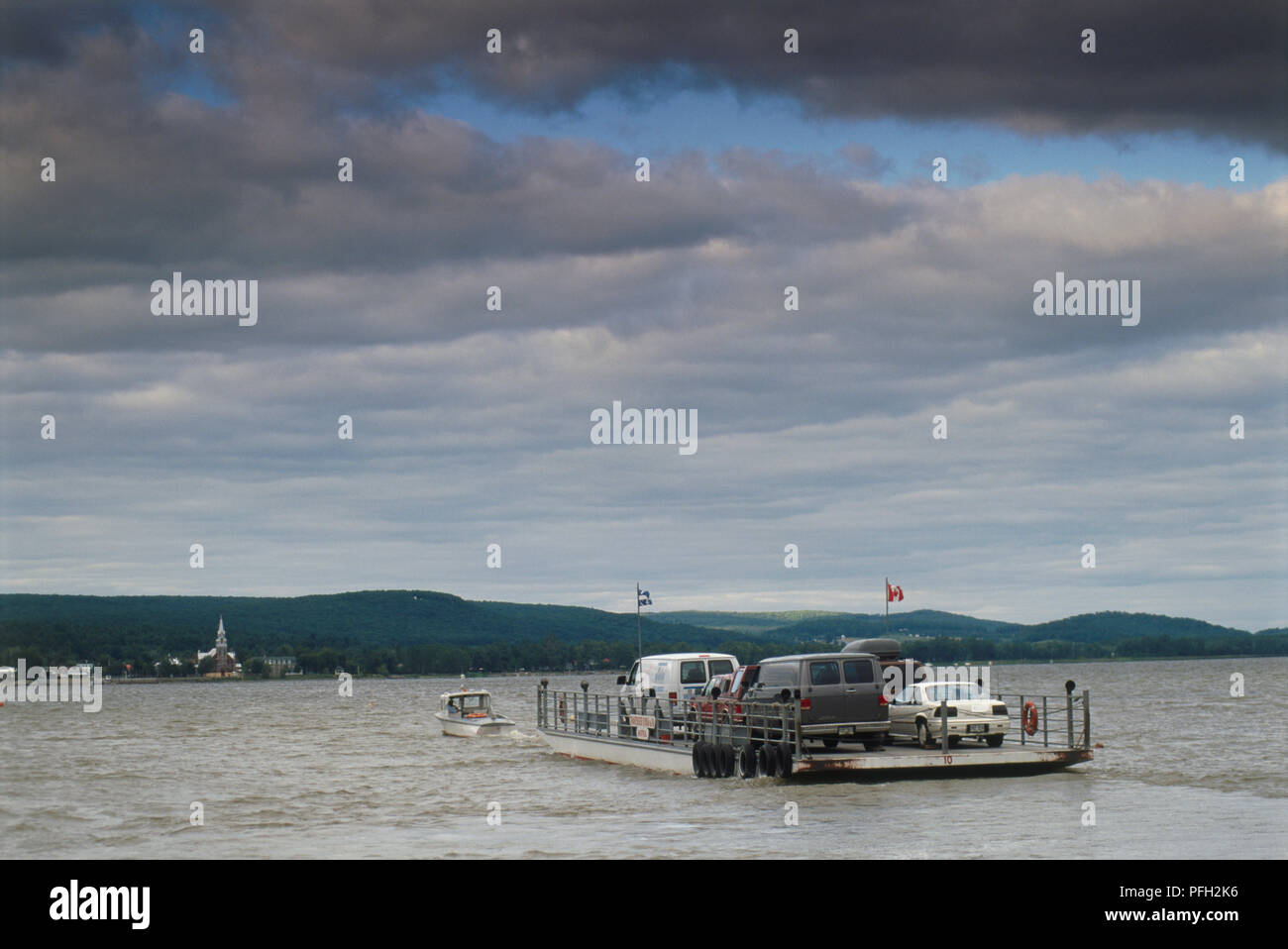 Canada, Quebec, Lac des Deux-Montagnes, Oka, car ferry travelling ...