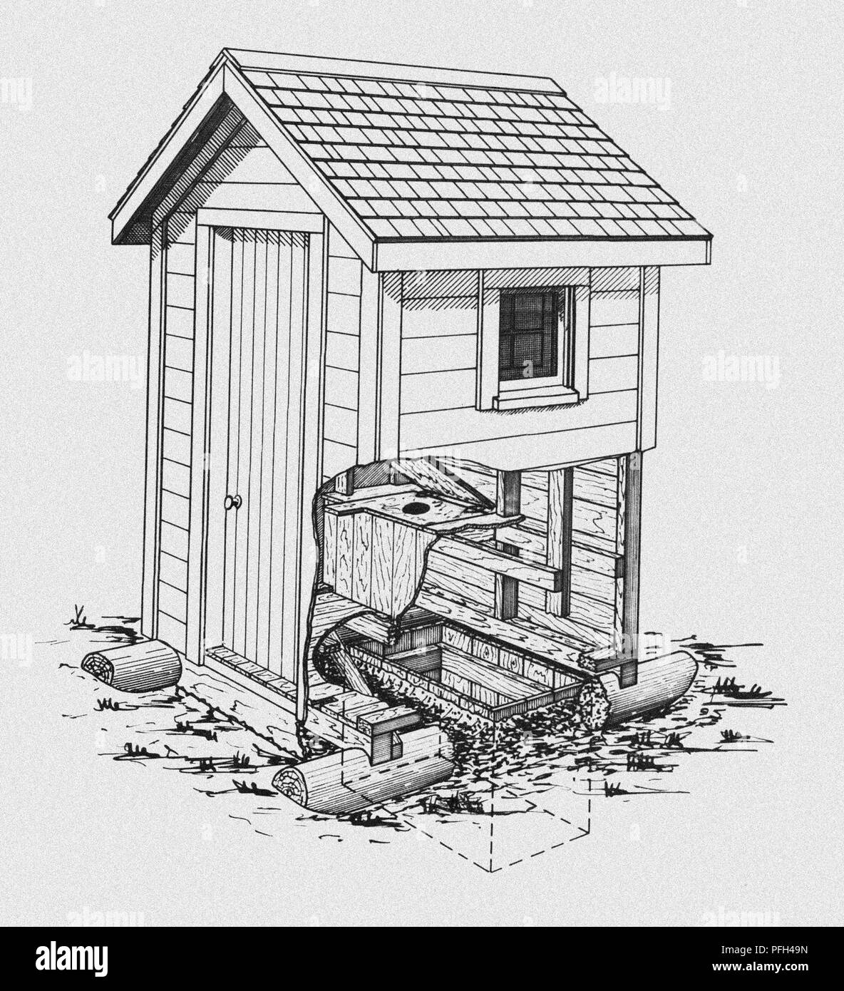 Cut-away view of the interior of a sanitary farmhouse privy, digitally ...