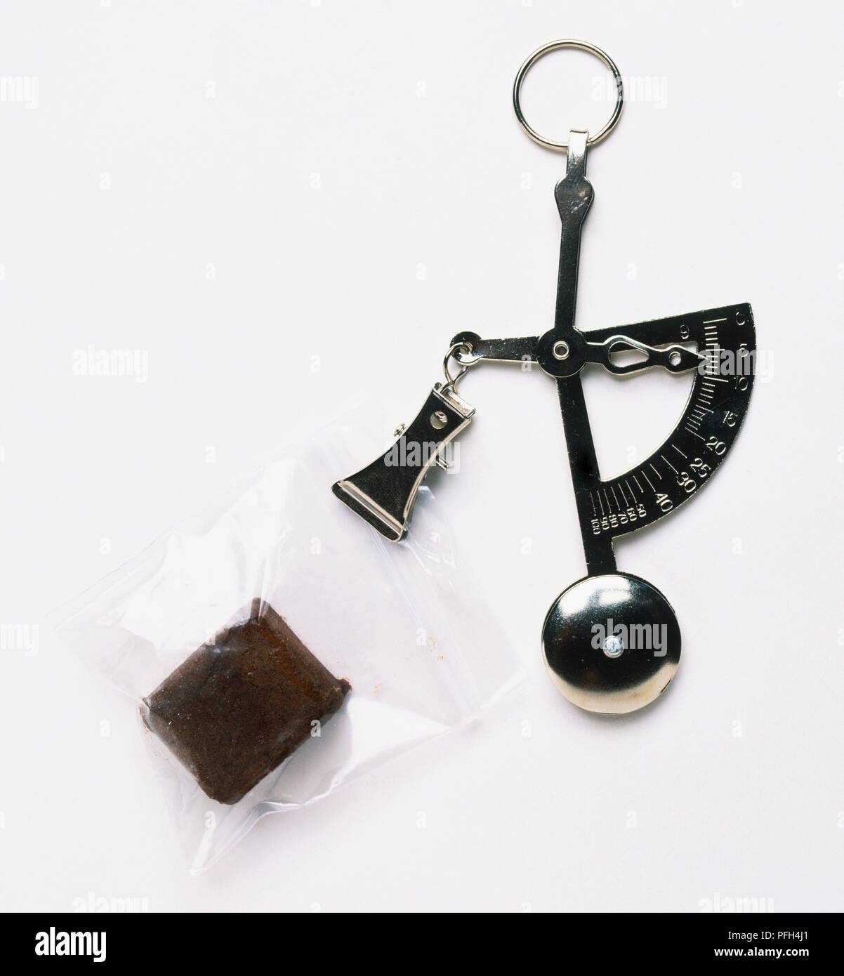Small postal scales and block of Hashish in plastic bag Stock Photo - Alamy