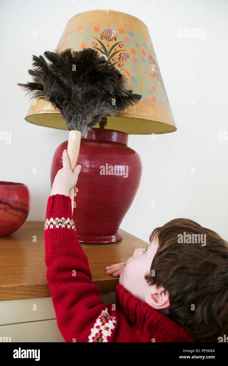 Boy dusting lamp with feather duster, reaching arm, close-up Stock ...