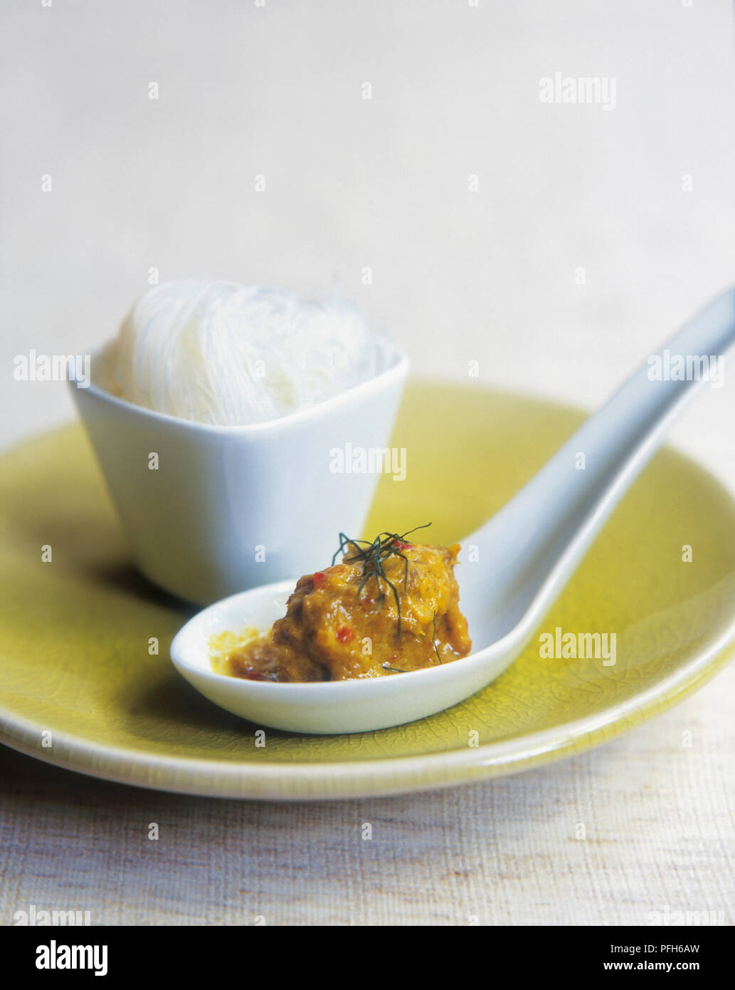 Malay beef rendang (Rendang daging), beef in curry sauce on spoon and ...