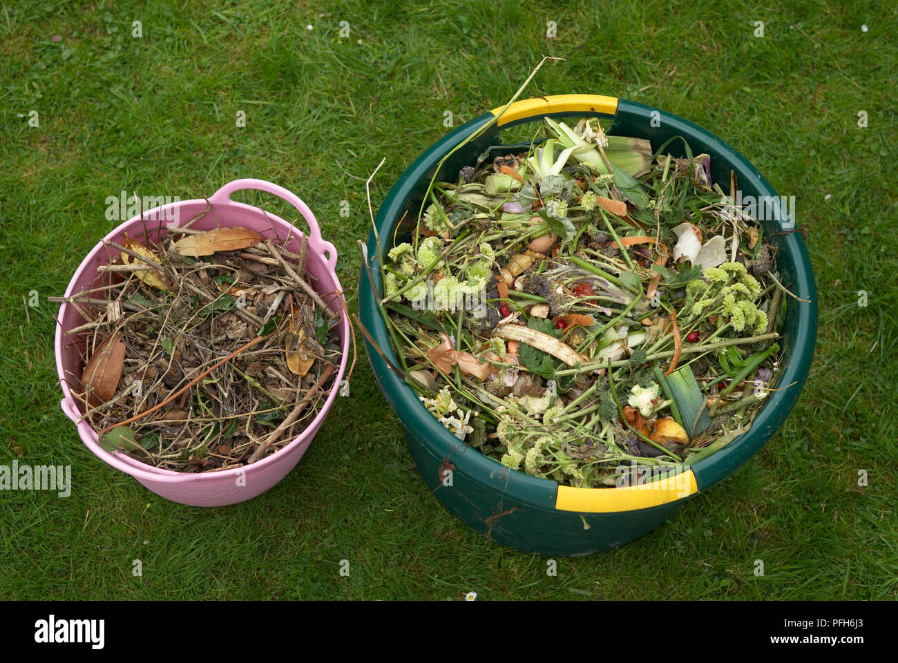 Two plastic containers, containing soft green waste and woody waste ...