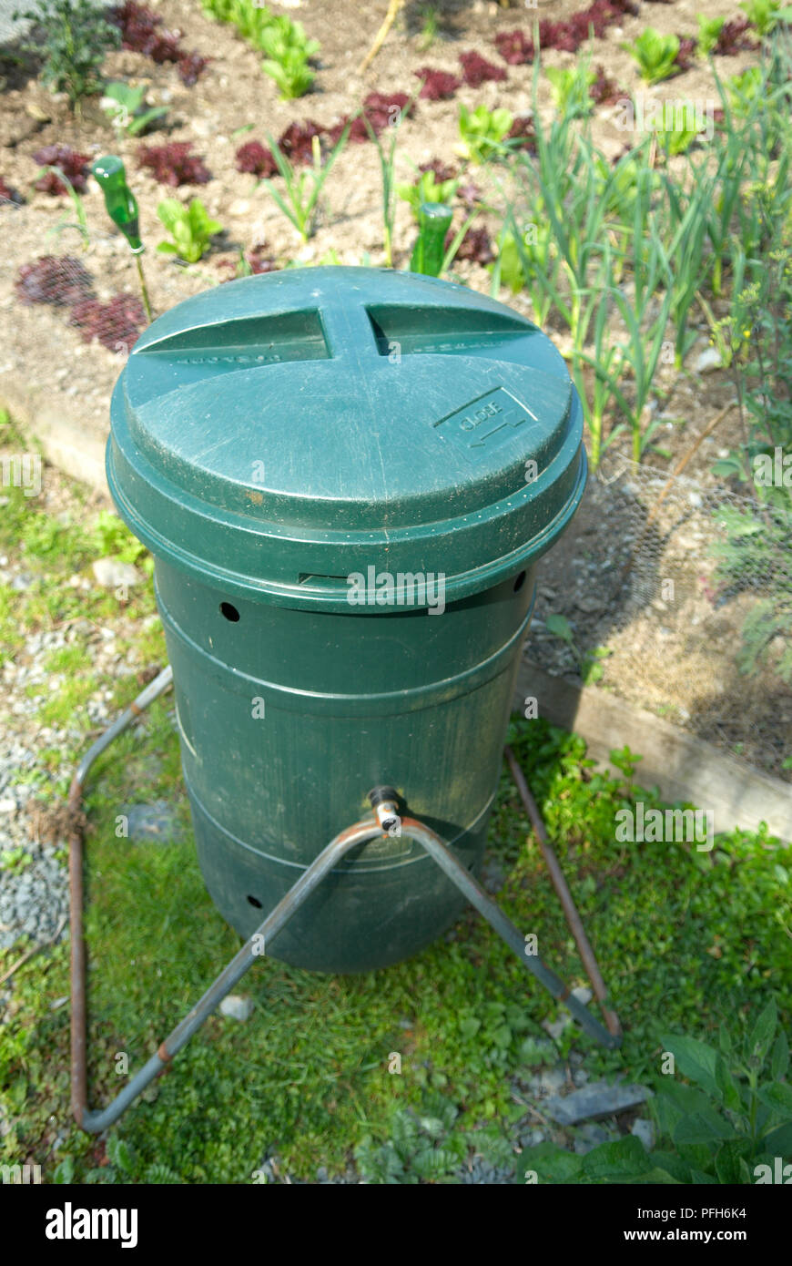 Green plastic compost bin, with lid Stock Photo - Alamy