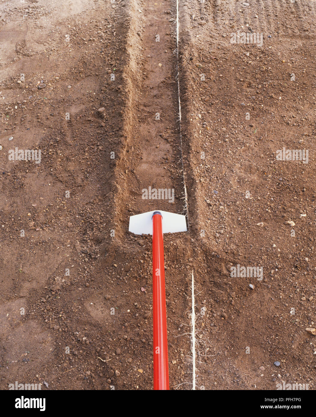 Using gardening tool to dig out a trench, view from above Stock Photo ...
