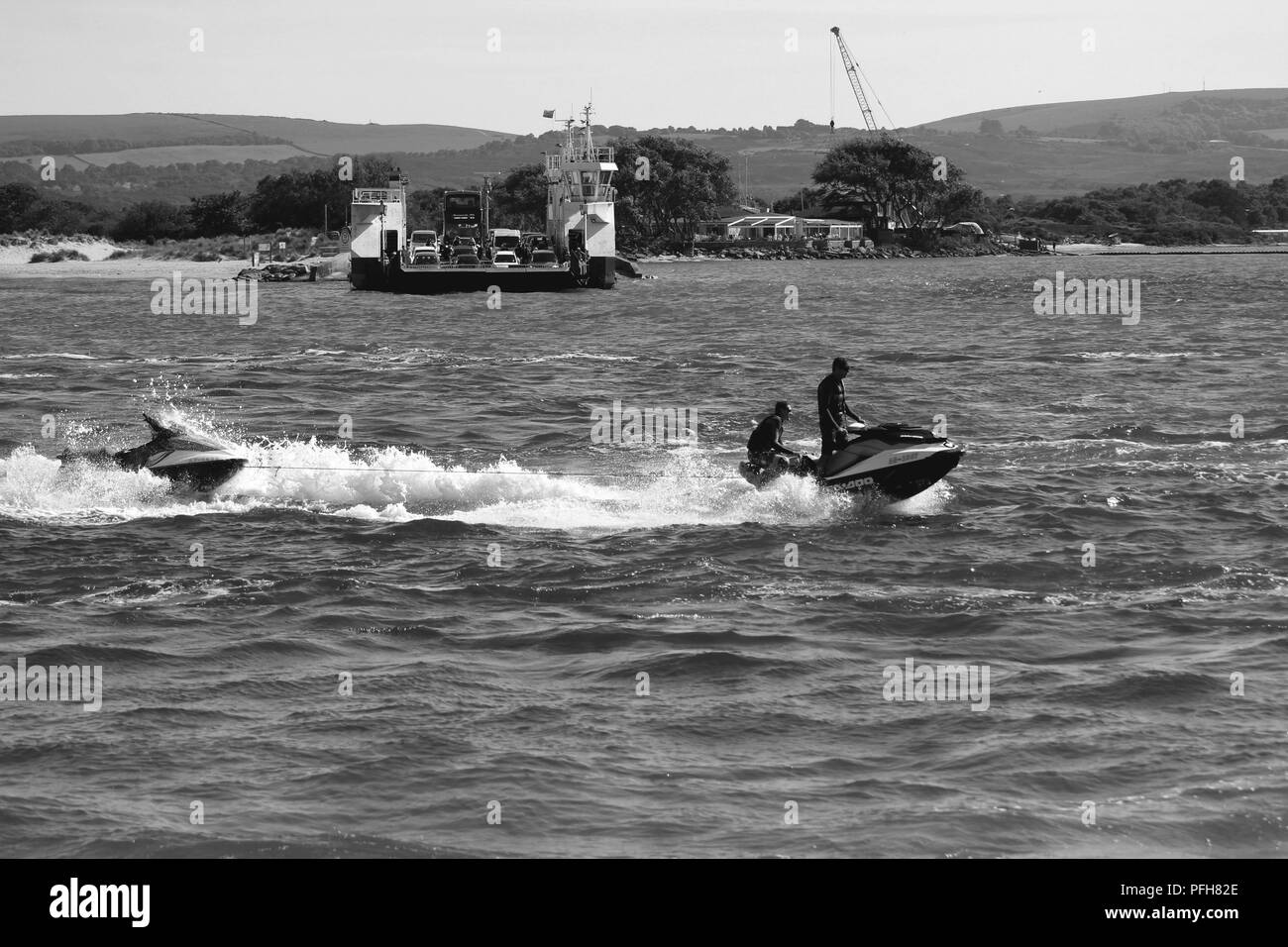Sandbanks, Dorset, England - June 02 2018: Black and white shot of a ...