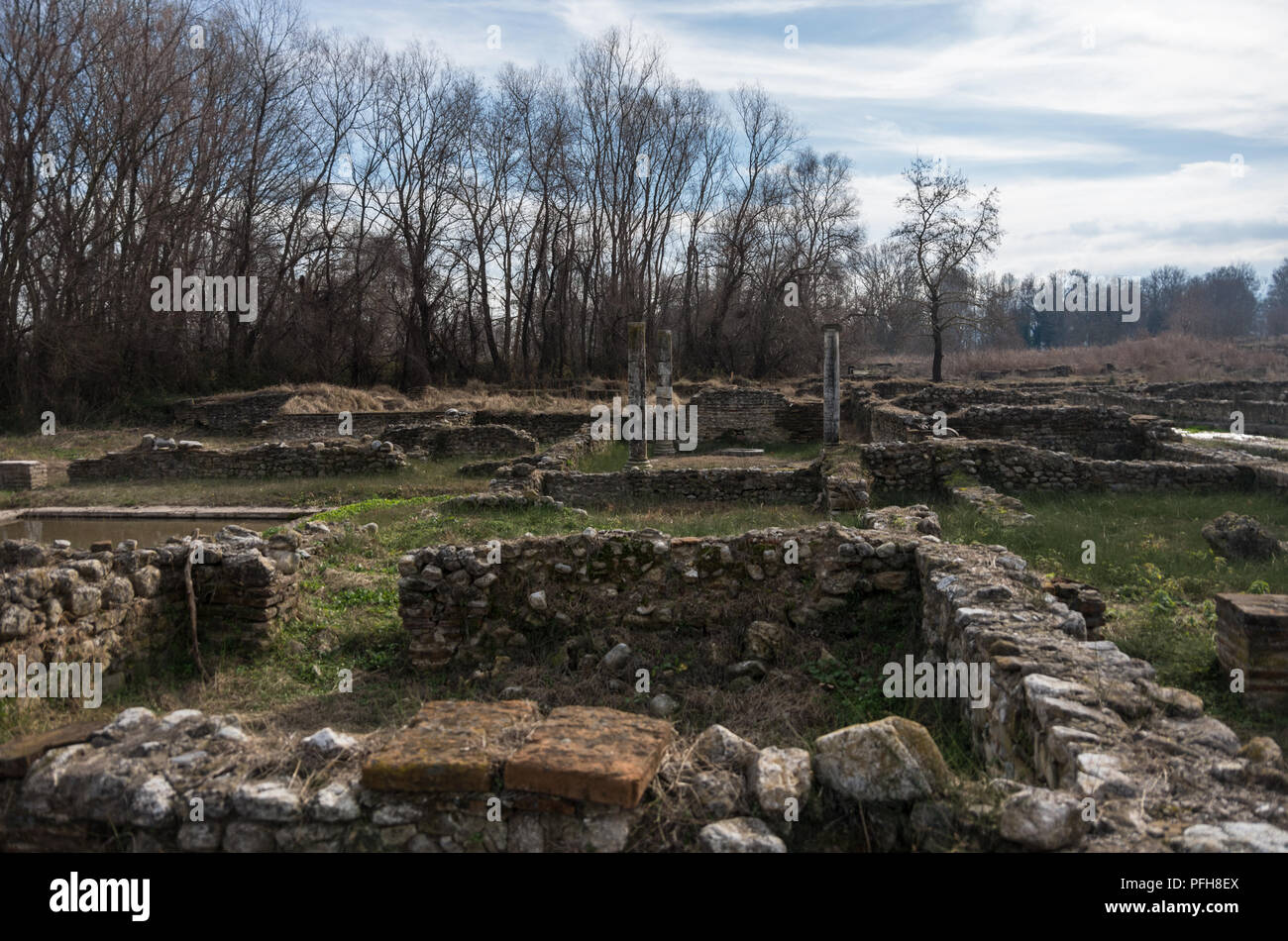 Column and ruins of building at Dion archaeological Site. Pieria ...