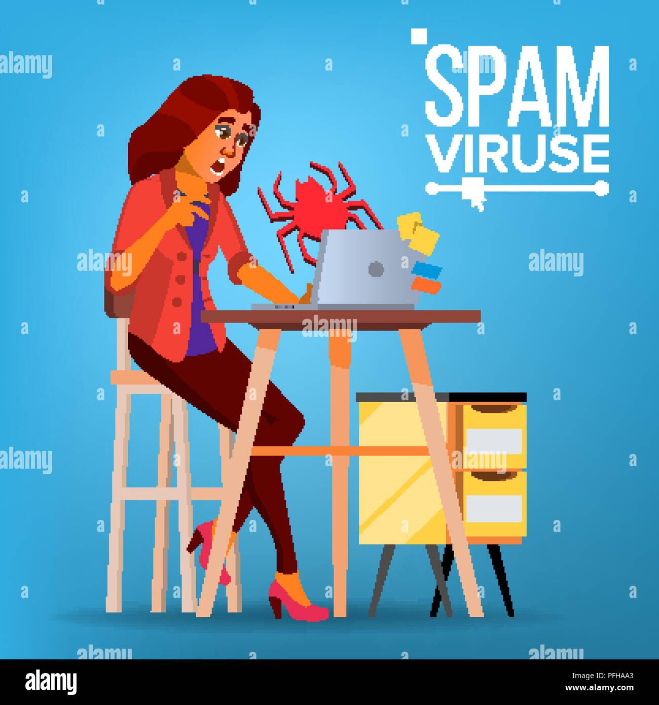 Spam Virus Concept Vector. Woman. Internet Security. Hacker Online ...