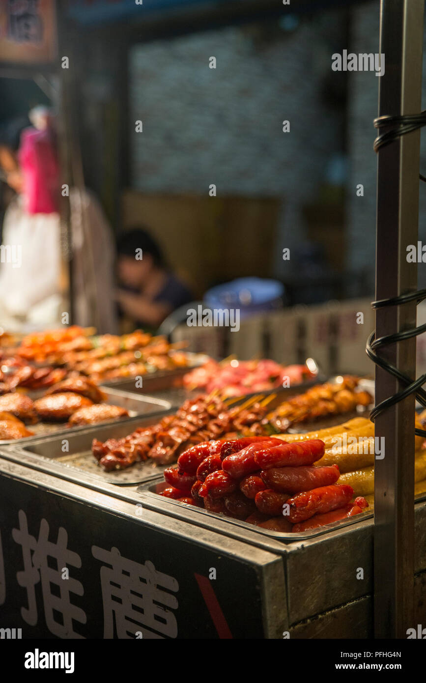 Meat street food stand, night market, Taipei, Taiwan Stock Photo - Alamy