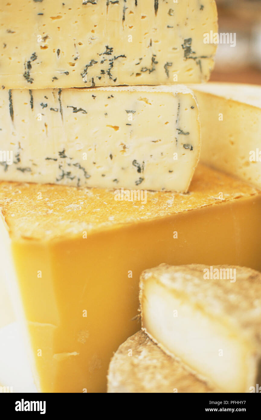France, Bauges, cross-section view of assorted stacked cheeses Stock ...
