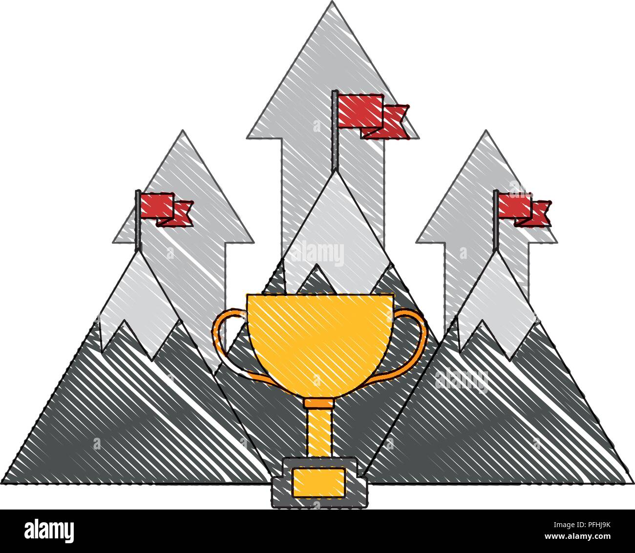 business success progress mountains flag and trophy vector illustration ...