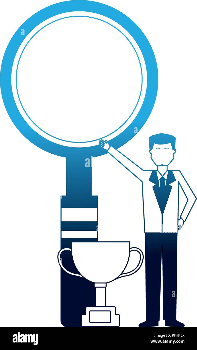 businessman with trophy and magnifying glass vector illustration neon ...