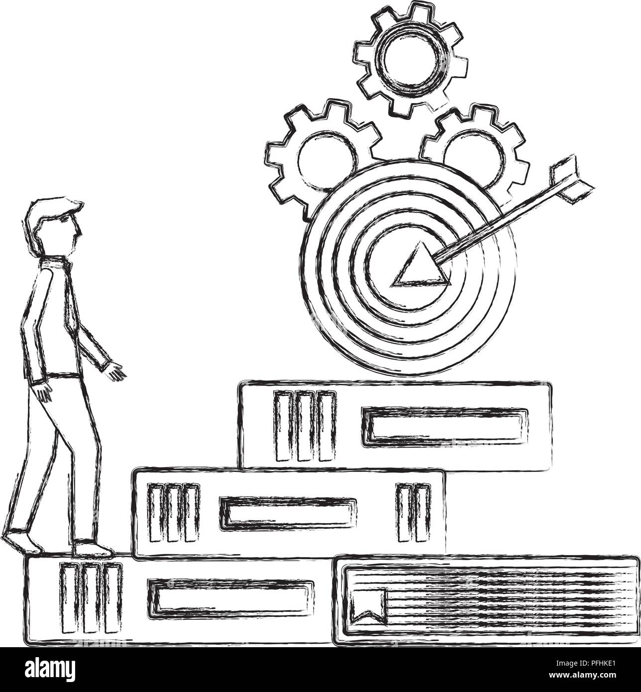 businessman climbs books step target on top gears success vector ...