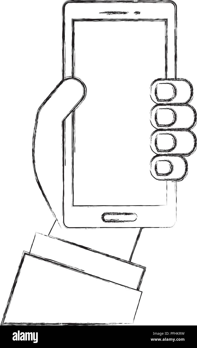 hand holding cellphone device digital vector illustration hand drawing ...