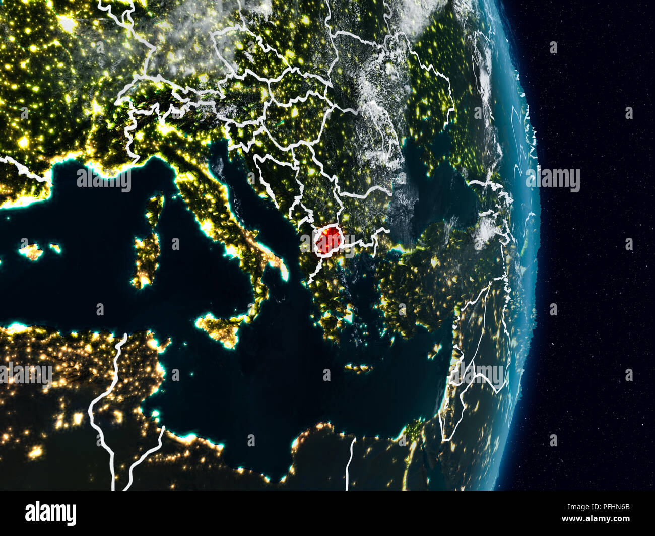 Macedonia from space on planet Earth at night with visible country ...