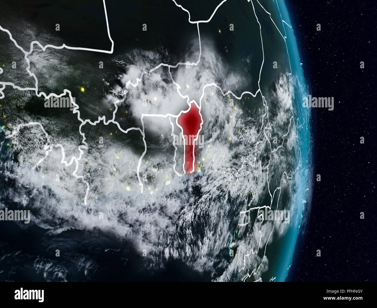 Benin from space on planet Earth at night with visible country borders ...