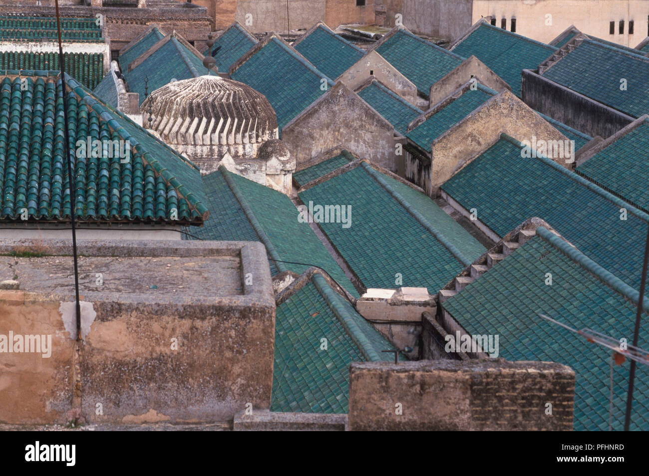 Morocco, Fes, Fes el Bali, Karaouiyine Mosque, pitched roof covered in ...