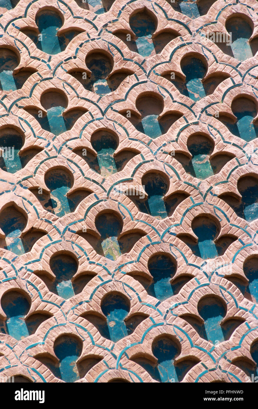 Morocco, Marrakech, Kasbah Mosque, decorative stone and brick detail of ...