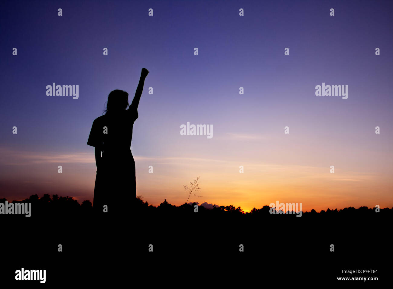 Happy celebrating winning success woman silhouette on sky background ...
