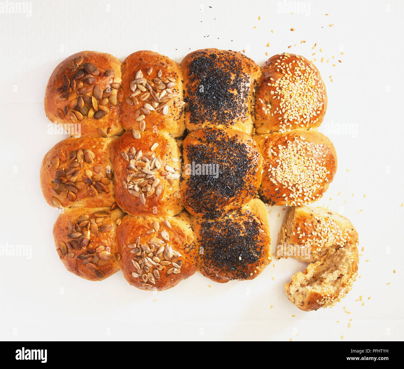Bread rolls with different seed topping, sesame, poppy, sunflower ...