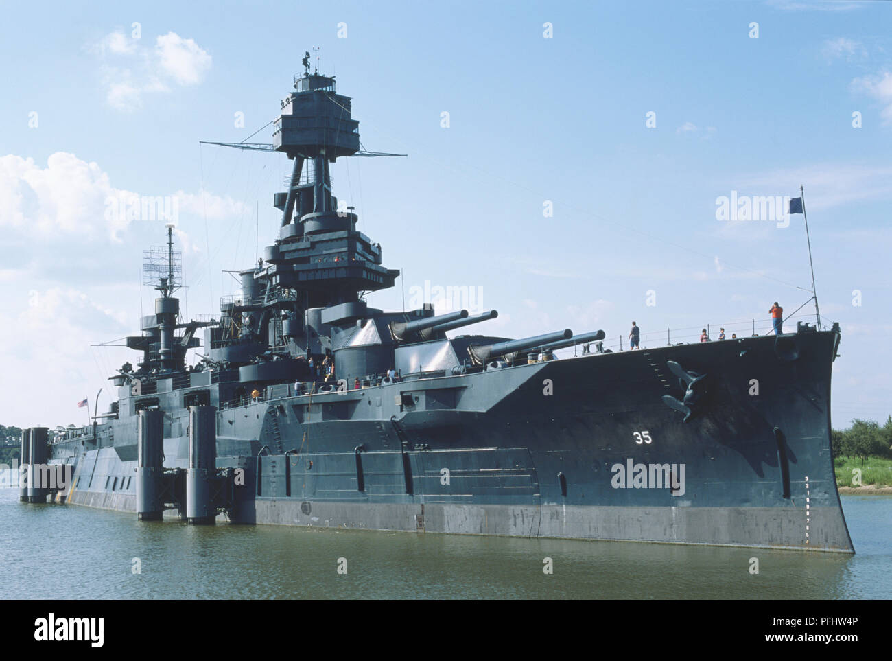 USA, Texas, Houston, San Jacinto Battleground, moored battleship, front ...