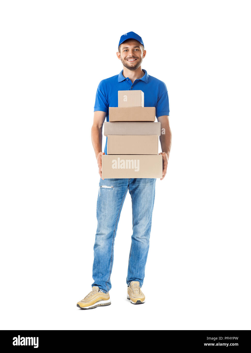 Smiling young male postal delivery courier man with delivering package ...
