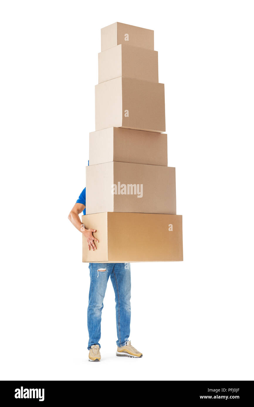 Delivery man hiding behind large stack of cardboard boxes isolated on ...