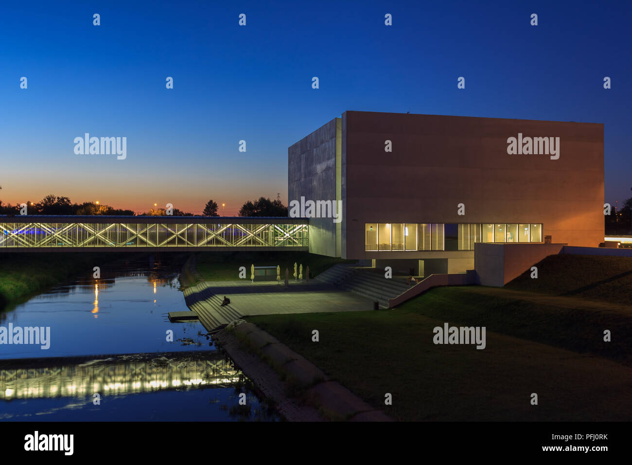 Night view of Interactive center building of history of Ostrow Tumski ...